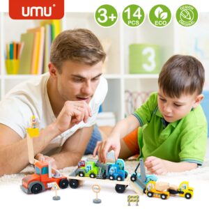 UMU Construction Toy Cars 14 PCS Wooden Kids Mini Vehicles for Toddlers, Compatible to Thomas Train Toys Railway and Major Brands, Best for 3 to 5 Year Old Boys and Girls