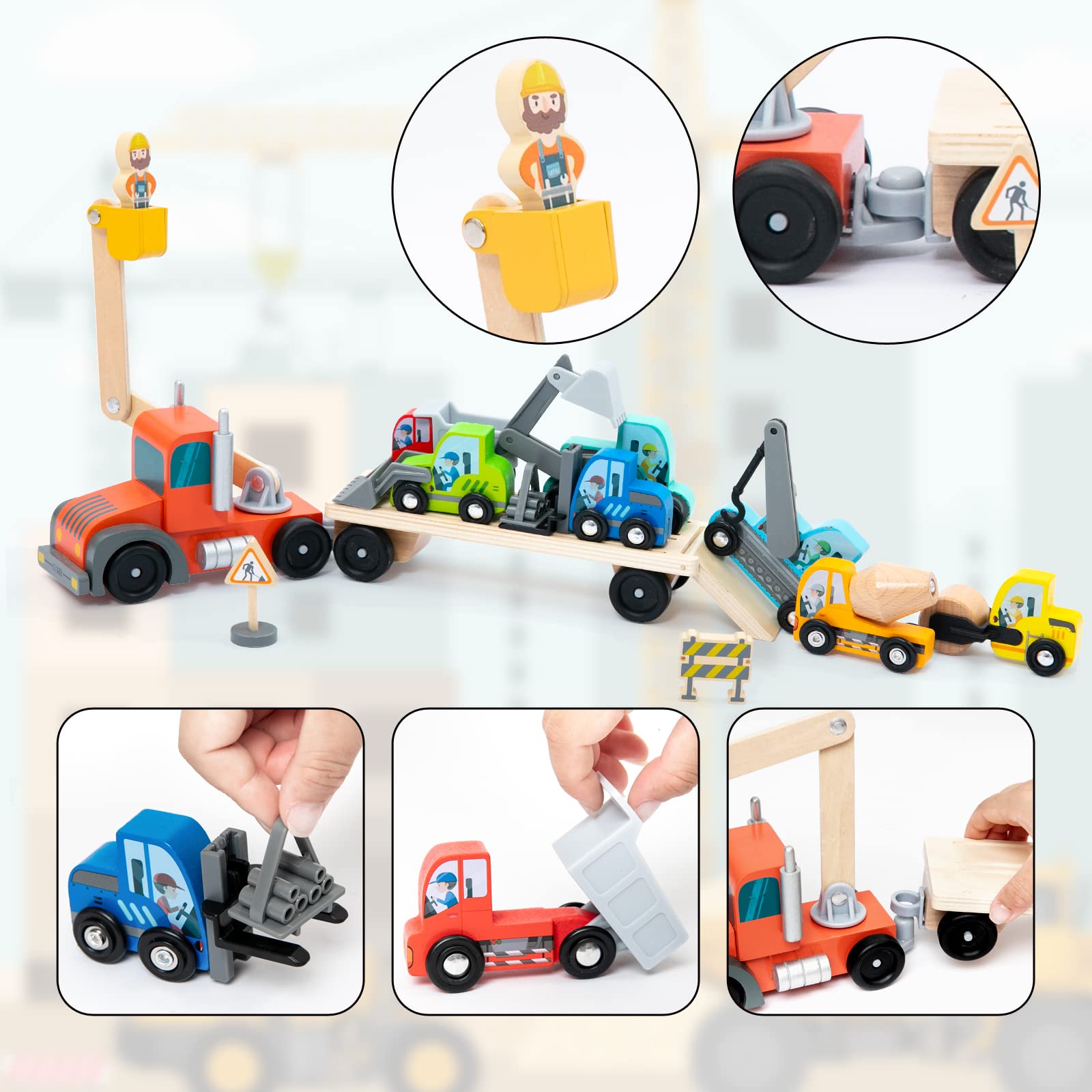 UMU Construction Toy Cars 14 PCS Wooden Kids Mini Vehicles for Toddlers, Compatible to Thomas Train Toys Railway and Major Brands, Best for 3 to 5 Year Old Boys and Girls