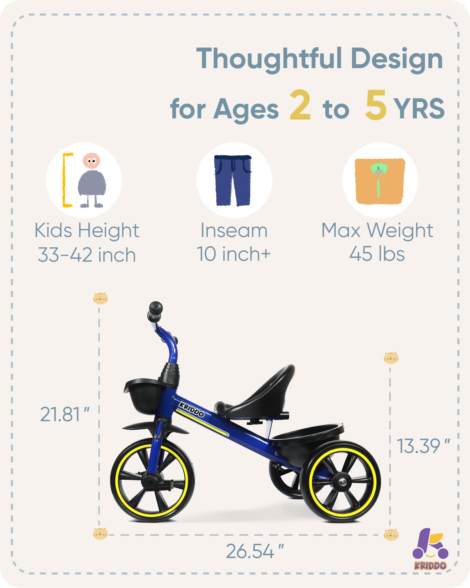 KRIDDO Kids Tricycles Age 24 Month to 4 Years, Toddler Kids Trike for 2.5 to 5 Year Old, Gift Toddler Tricycles for 2-4 Year Olds, Trikes for Toddlers, Blue