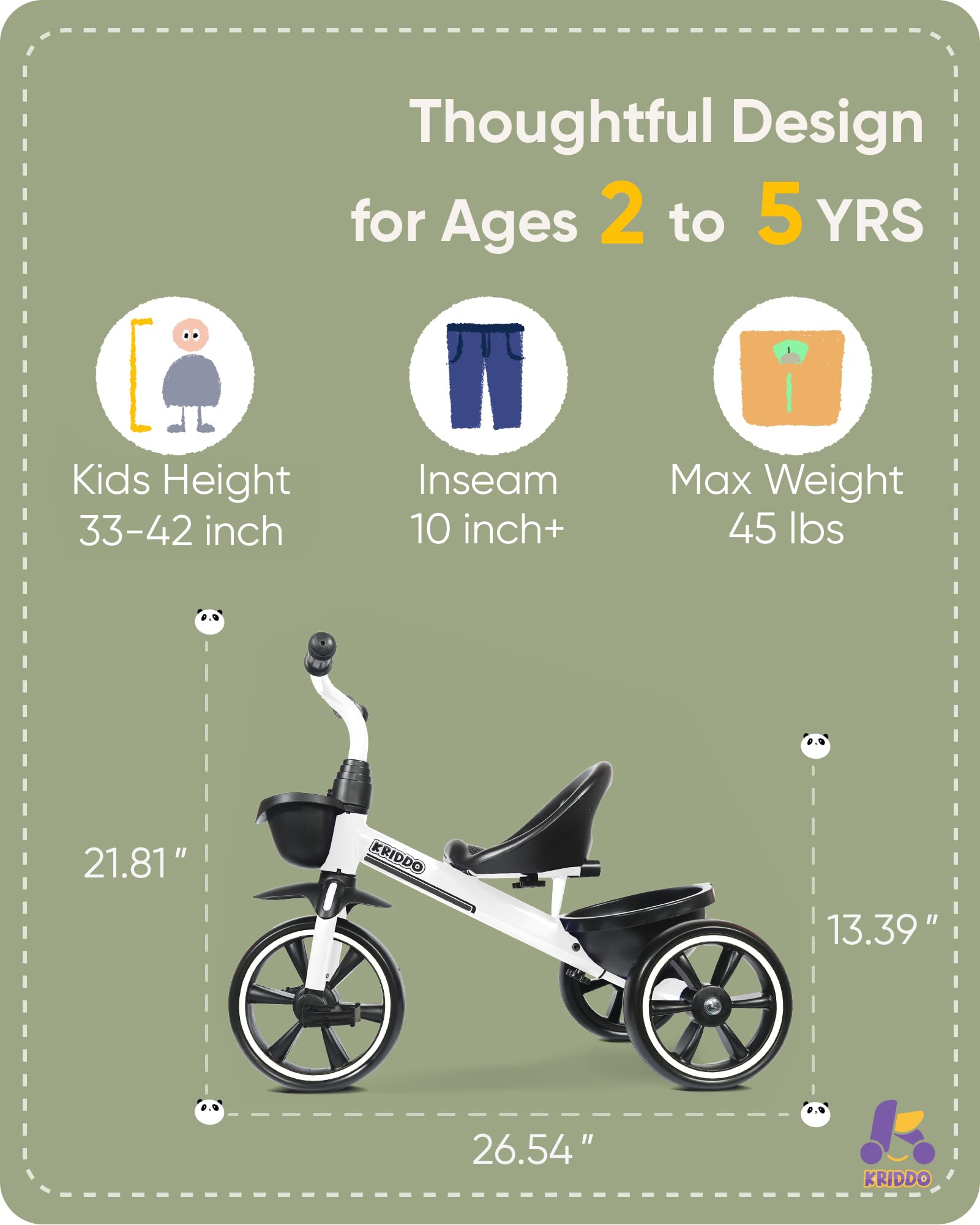 KRIDDO Kids Tricycles for 2-4 Year Olds, Toddler Trike Gift for 24 Months to 4 Years, White