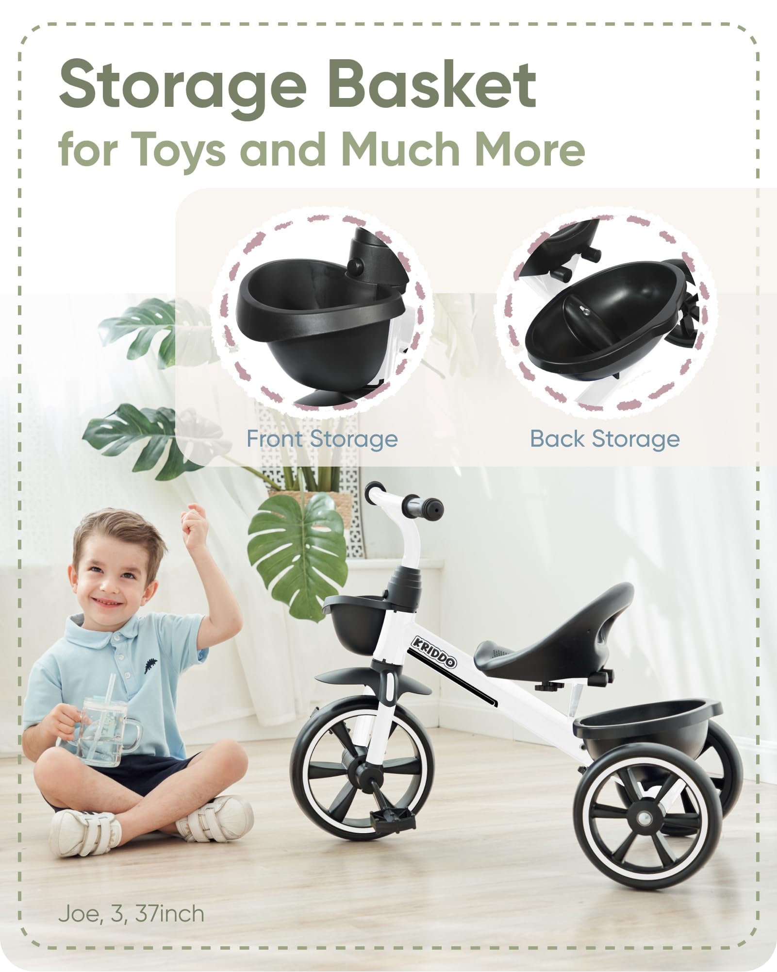 KRIDDO Kids Tricycles for 2-4 Year Olds, Toddler Trike Gift for 24 Months to 4 Years, White