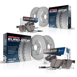 power stop esk7988 front and rear euro-stop ece-r90 certified brake pad and rotor kit and 1 front & 1 rear sensor wires for c43 amg, c450, glc300, glc350e, glc43 amg [model specific]