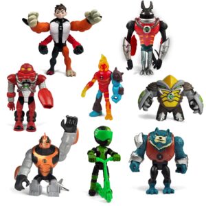 toysvill protector of earth action figures - 8 figurines set (four arms, jetray, overflow, heatblast, armored cannonbolt, humungousaur, ben tennyson, bashmouth)