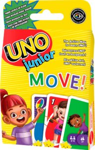 mattel games ​uno junior move! card game for kids with active play, simple rules, 3 levels of play and matching