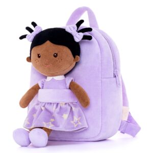 onetoo toddler kids backpack with soft tanned baby dolls in purple star dress 9.5"