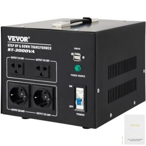 vevor voltage converter transformer,3000w heavy duty step up/down transformer converter(240v to 110v, 110v to 240v),2 us&1 uk&1 eu outlet with circuit break protection,5v usb port,ce certified