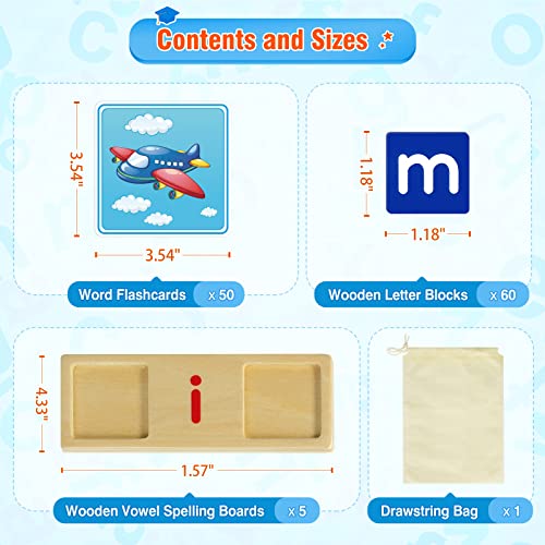 Learning Toys for 3 4 5 Years Old Kids - 116Pcs Short Vowel Letters Sorting Spelling Reading Toy Set with Double-Sided Flash Cards, Preschool Kindergarten Learning Activities Toy for Boys Girls