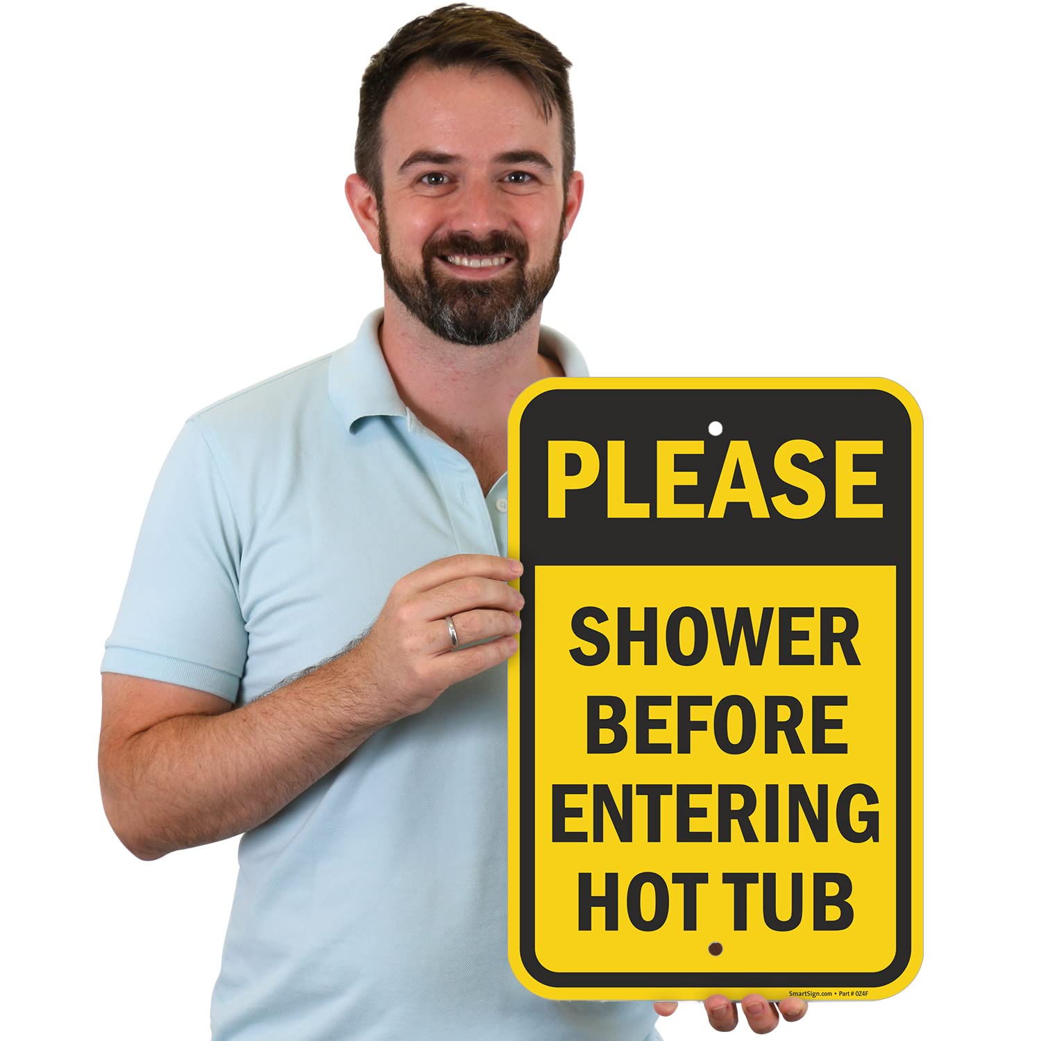 SmartSign 18 x 12 inch “Please Shower Before Entering Hot Tub” Sign with Pre-Cleared Holes, Digitally Printed, 55 mil HDPE Plastic, Black and Yellow, Made in USA