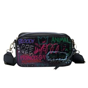 oxyplay pu leather graffiti square bag, large-capacity tassel bag, shoulder messenger bag, double zipper adjustable wallet (black)