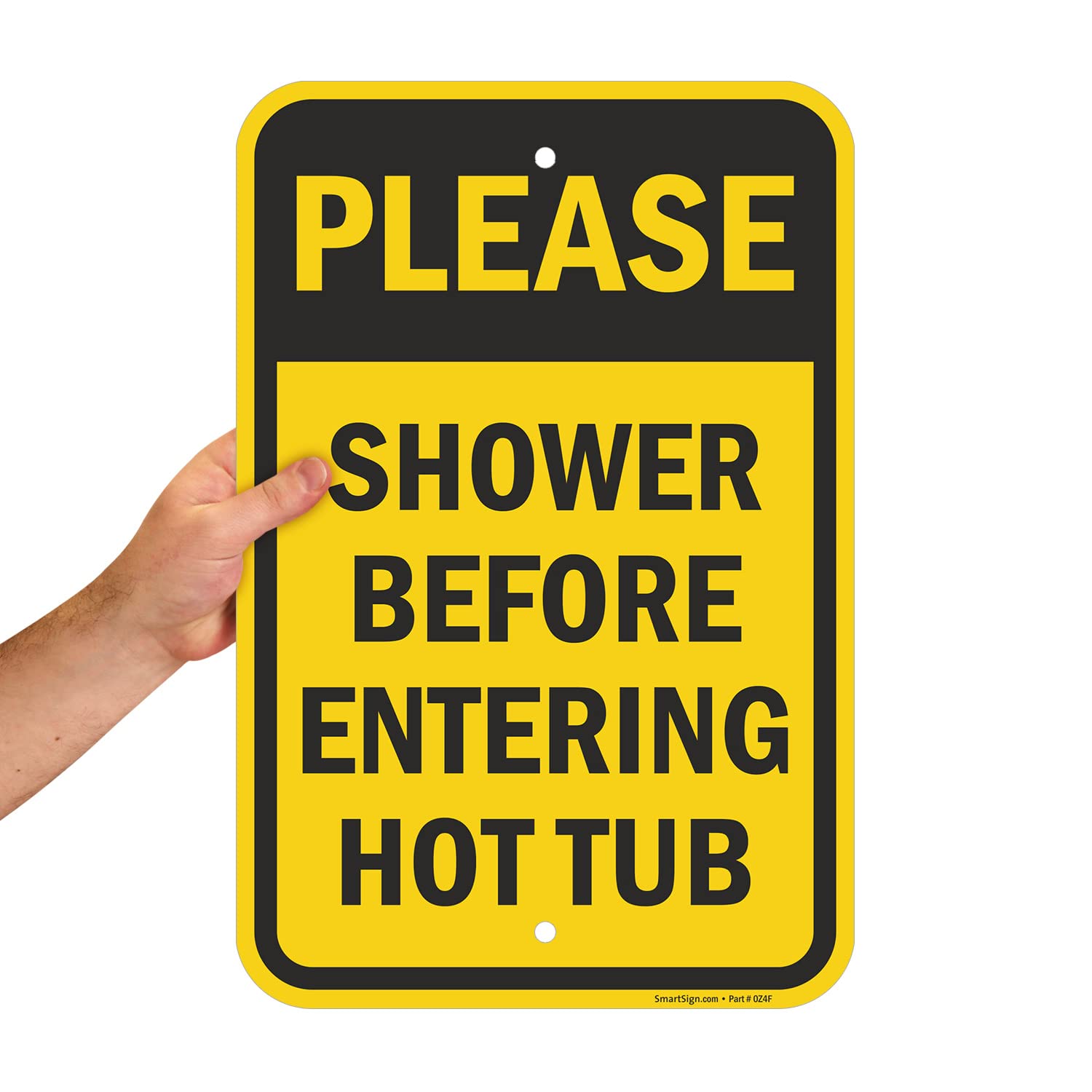 SmartSign 18 x 12 inch “Please Shower Before Entering Hot Tub” Sign with Pre-Cleared Holes, Digitally Printed, 55 mil HDPE Plastic, Black and Yellow, Made in USA