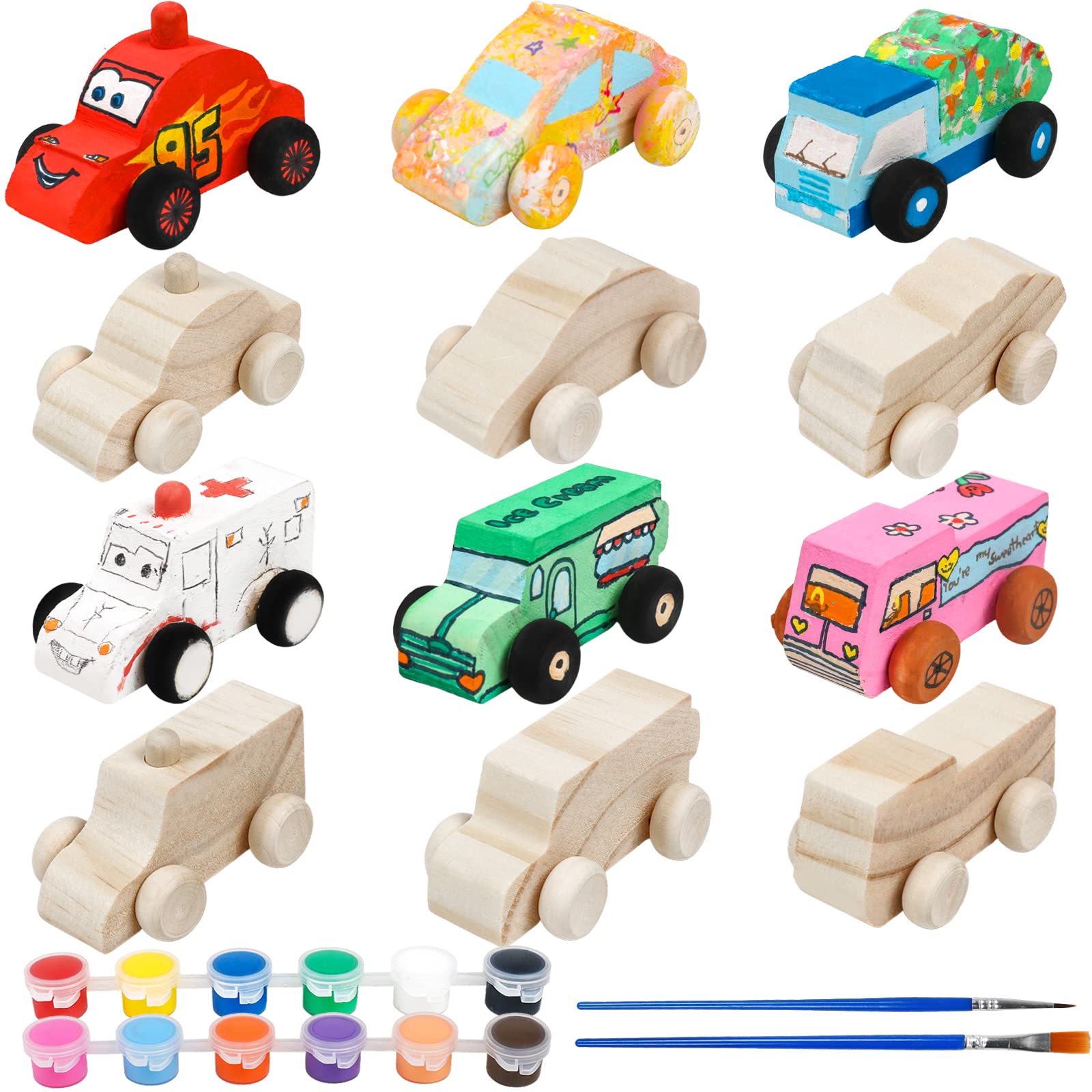 SHAPGEI 12 Pieces Wood DIY Car Toys Unfinished Wooden Cars Paintable Wood Car Blocks Crafts for Students Home Activities Easy Woodworking and Family Time Set for 3 4 5 Years Old Boys Girls