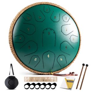 steel tongue drum - hopwell 15 note 14 inch tongue drum - hand pan drums with music book, steel handpan drum mallets and carry bag, d major (green)