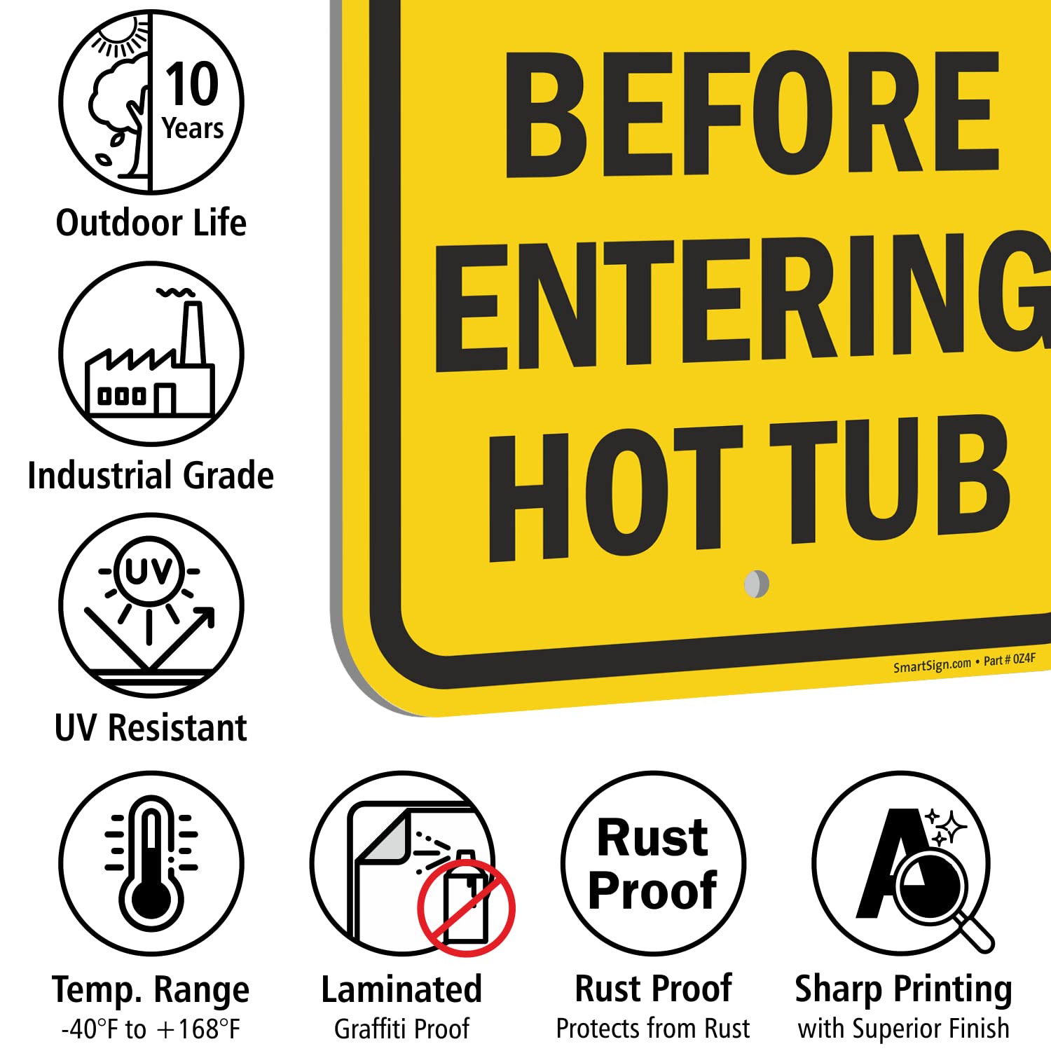 SmartSign 18 x 12 inch “Please Shower Before Entering Hot Tub” Sign with Pre-Cleared Holes, Digitally Printed, 55 mil HDPE Plastic, Black and Yellow, Made in USA