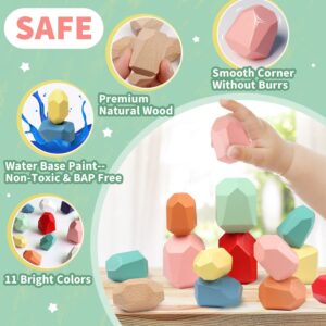 FUNNYB&G 36 PCS Stacking Rocks Montessori Toys for 1+ Year Old Girls Boys Wooden Building Blocks Balancing Stones for Kids Preschool Educational Sensory Toys for Toddlers Easter Birthday Gifts