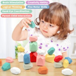 FUNNYB&G 36 PCS Stacking Rocks Montessori Toys for 1+ Year Old Girls Boys Wooden Building Blocks Balancing Stones for Kids Preschool Educational Sensory Toys for Toddlers Easter Birthday Gifts