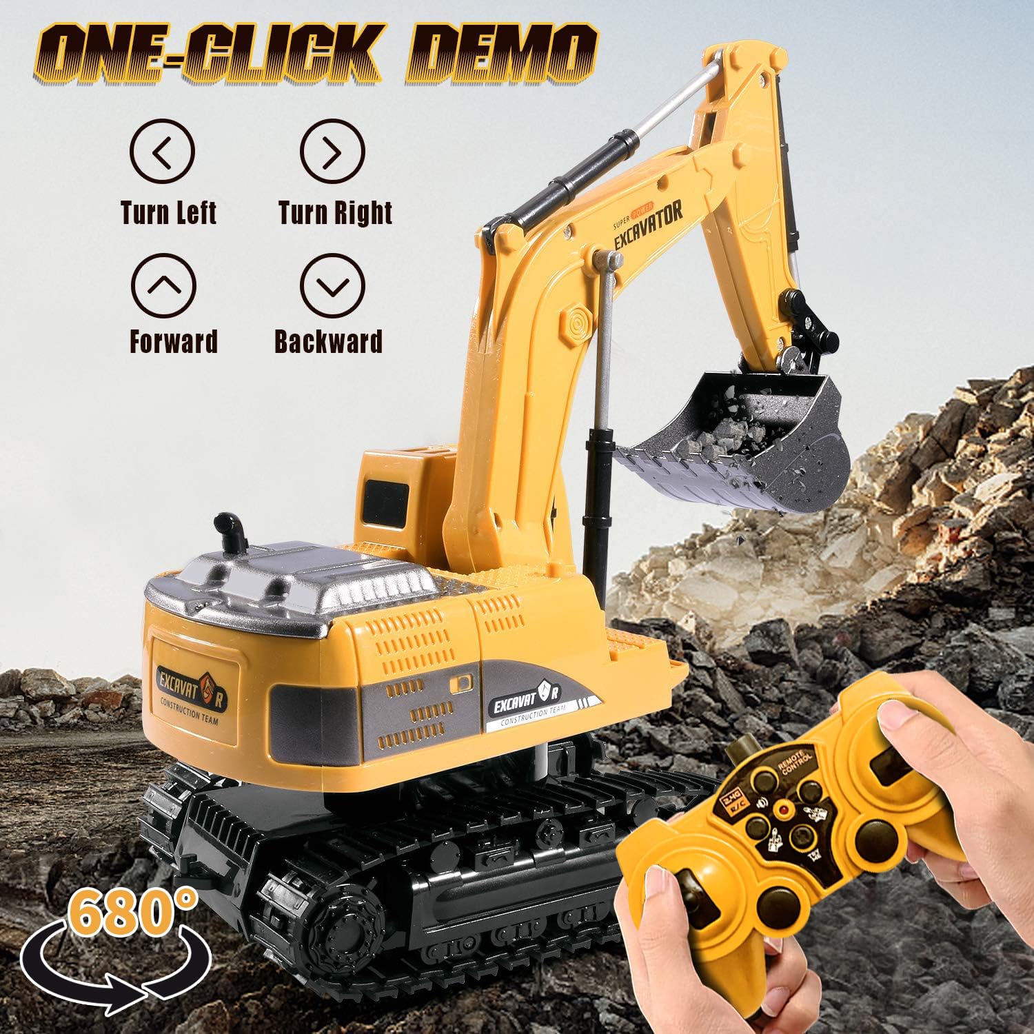 ID Gerilla Remote Control Excavator Toy, RC Construction - Metal Shovel Digger Vehicles with Lights Sounds and 680° Rotation Digging Sand, Christmas Birthday Present for Aged 3 4 5 6-10 + Year Old