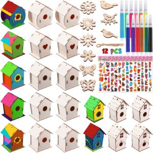 107 pcs wooden birdhouse diy kits, includes 21 unfinished wood mini bird house 24 watercolor pen 50 bird butterfly flower slices 12 cute animal stickers for kids adults diy craft making supplies