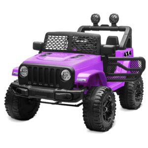 kidzone ride on truck 12v battery powered electric kids car vehicle toy with diy license plate, 4 wheeler quad, parent remote control, mp3, high low speeds, led lights - purple