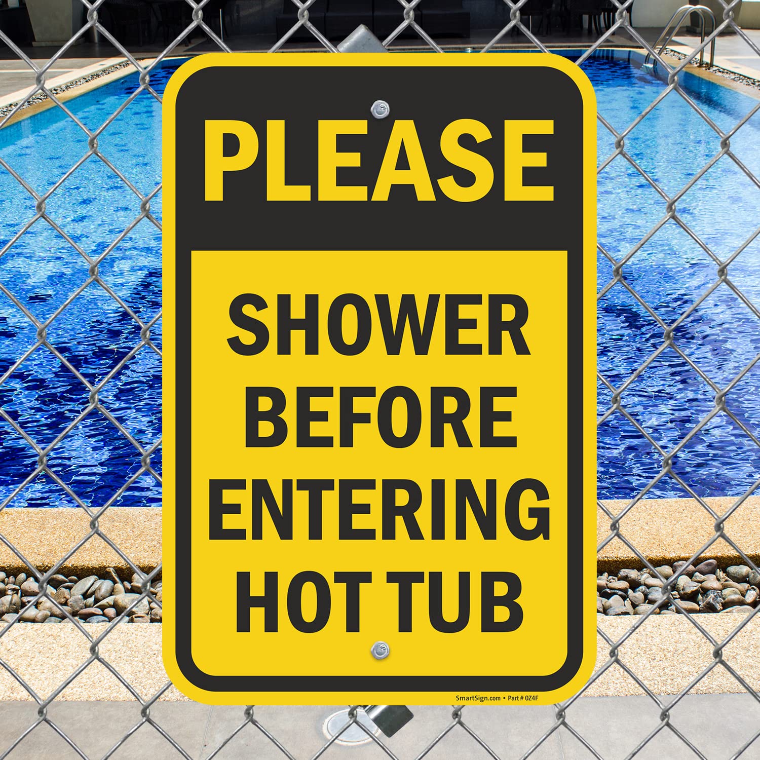 SmartSign 18 x 12 inch “Please Shower Before Entering Hot Tub” Sign with Pre-Cleared Holes, Digitally Printed, 55 mil HDPE Plastic, Black and Yellow, Made in USA