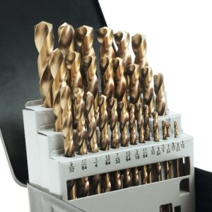 gmtools 29pcs cobalt drill bits set, m35 high speed steel, 135 degree tip, stainless steel, plastic and wood with metal indexed storage case 1/16"-1/2"