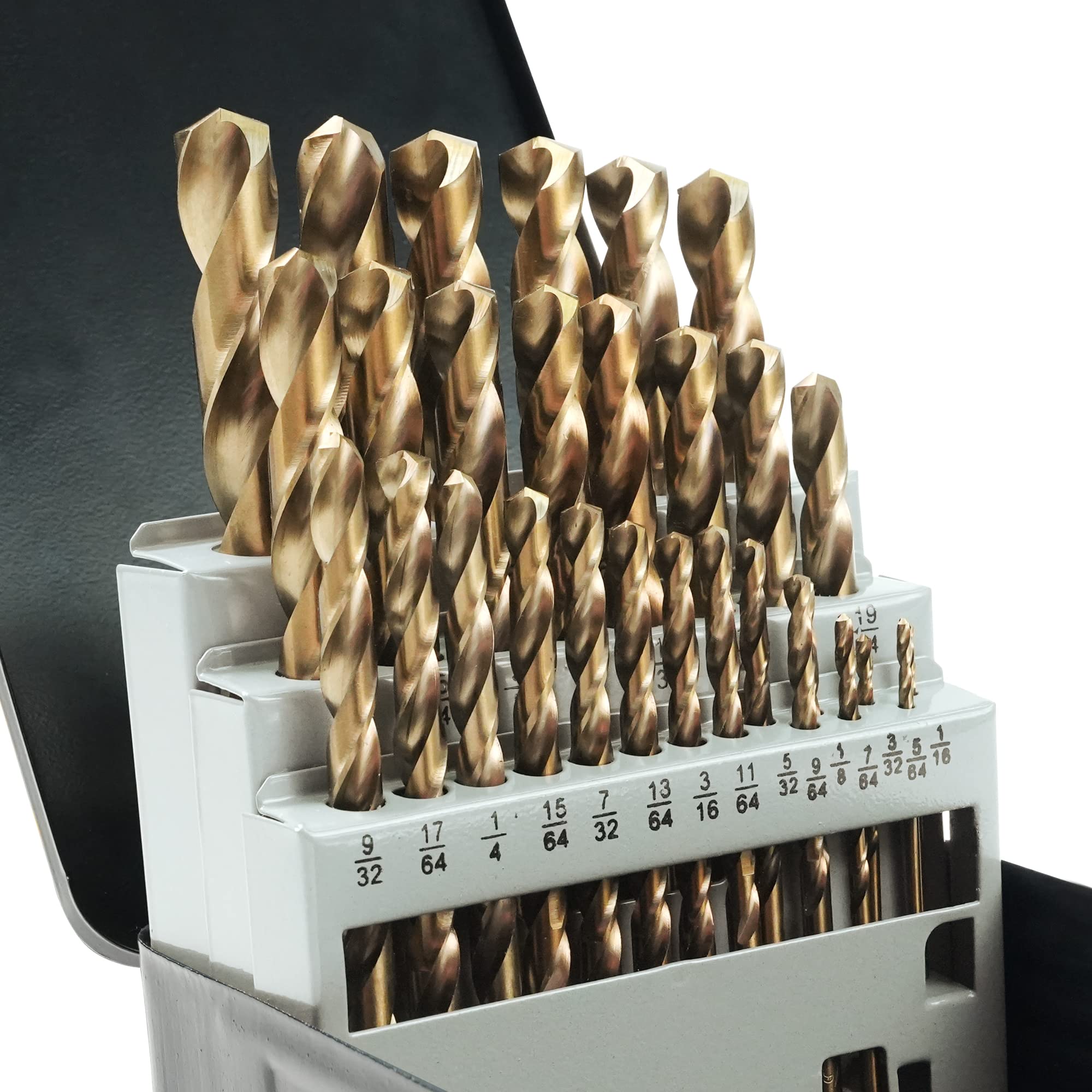 GMTOOLS 29Pcs Cobalt Drill Bits Set, M35 High Speed Steel, 135 Degree Tip, Stainless Steel, Plastic and Wood with Metal Indexed Storage Case 1/16"-1/2"