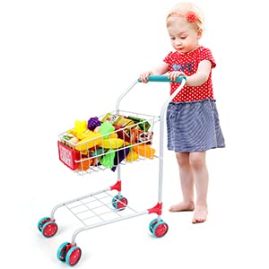 deAO Kids Shopping Cart Trolley with Sturdy Metal Frame for Toddlers 46 PCS Food Fruit Vegetables Pretend Play Food Role Play,Educational Toy Play Kitchen Toys for Boys Girls Kids