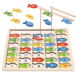 diaodey wooden magnetic fishing game for toddlers, montessori fine motor skills toy with letters and numbers, preschool learning abc and puzzle birthday toys gift for 3 4 5+ year old kids(2 poles)