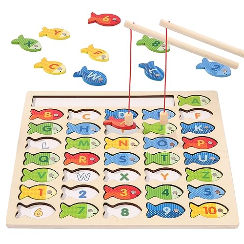 Diaodey Wooden Magnetic Fishing Game for Toddlers, Montessori Fine Motor Skills Toy with Letters and Numbers, Preschool Learning ABC and Puzzle Birthday Toys Gift for 3 4 5+ Year Old Kids(2 Poles)