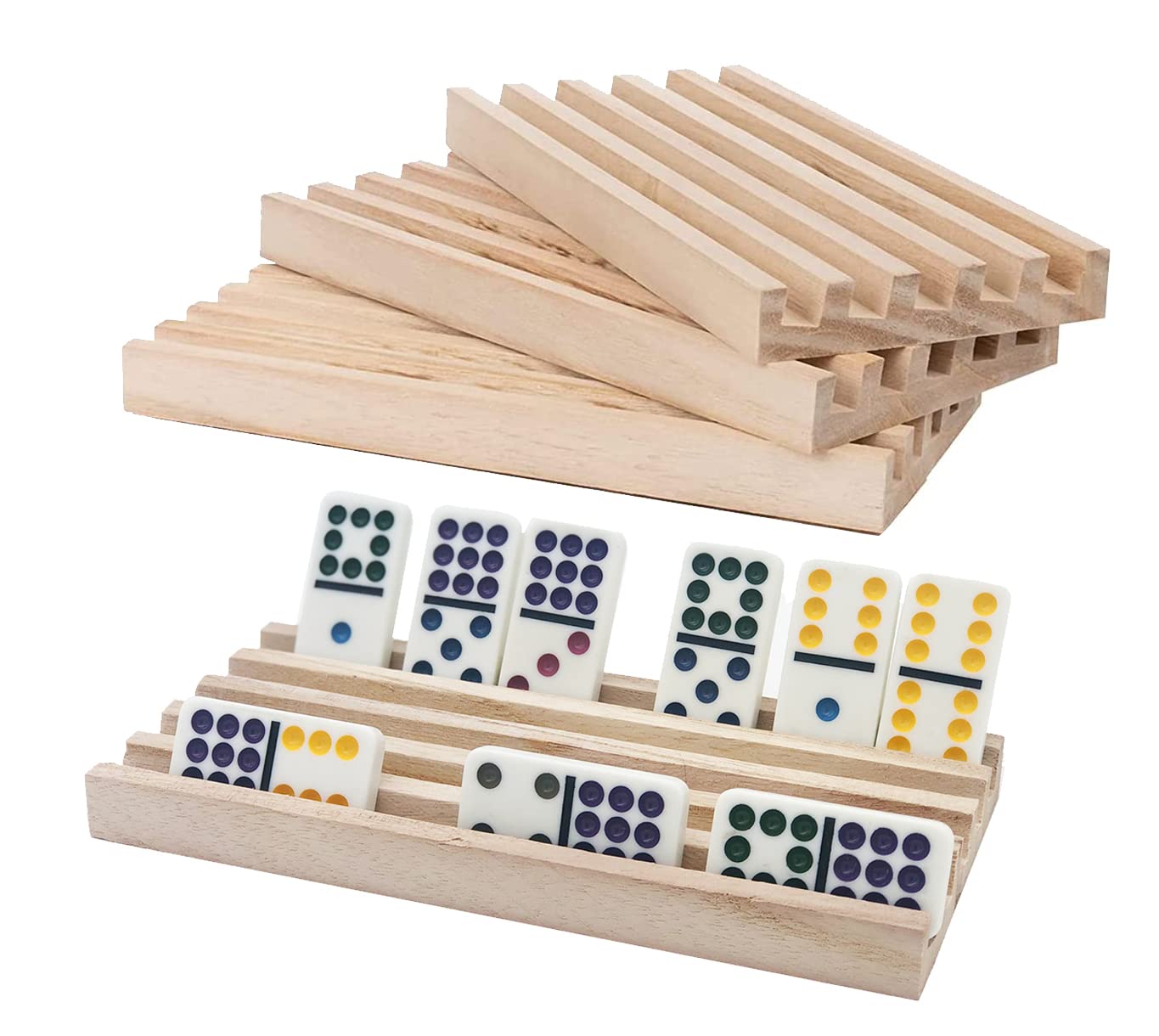 ESSAJOY Wooden Domino Trays/Racks Set of 4 Mexican Train Domino Trays/Racks Holders Rummy Rack Domino Tiles Holders Domino Wood Holder【Dominoes Not Included】