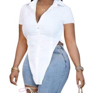 LYANER Women's Collar V Neck Button Front Short Sleeve Slit Hem Long Shirt Blouse Top Solid White Small