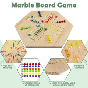 Kathfly Marble Board Game Wooden Wahoo Board Game Double Side Painted Board Game with 6 Colors 36 Marbles 6 Dice for Adults Family Night Game, 6 and 4 Player (Hexagonal)