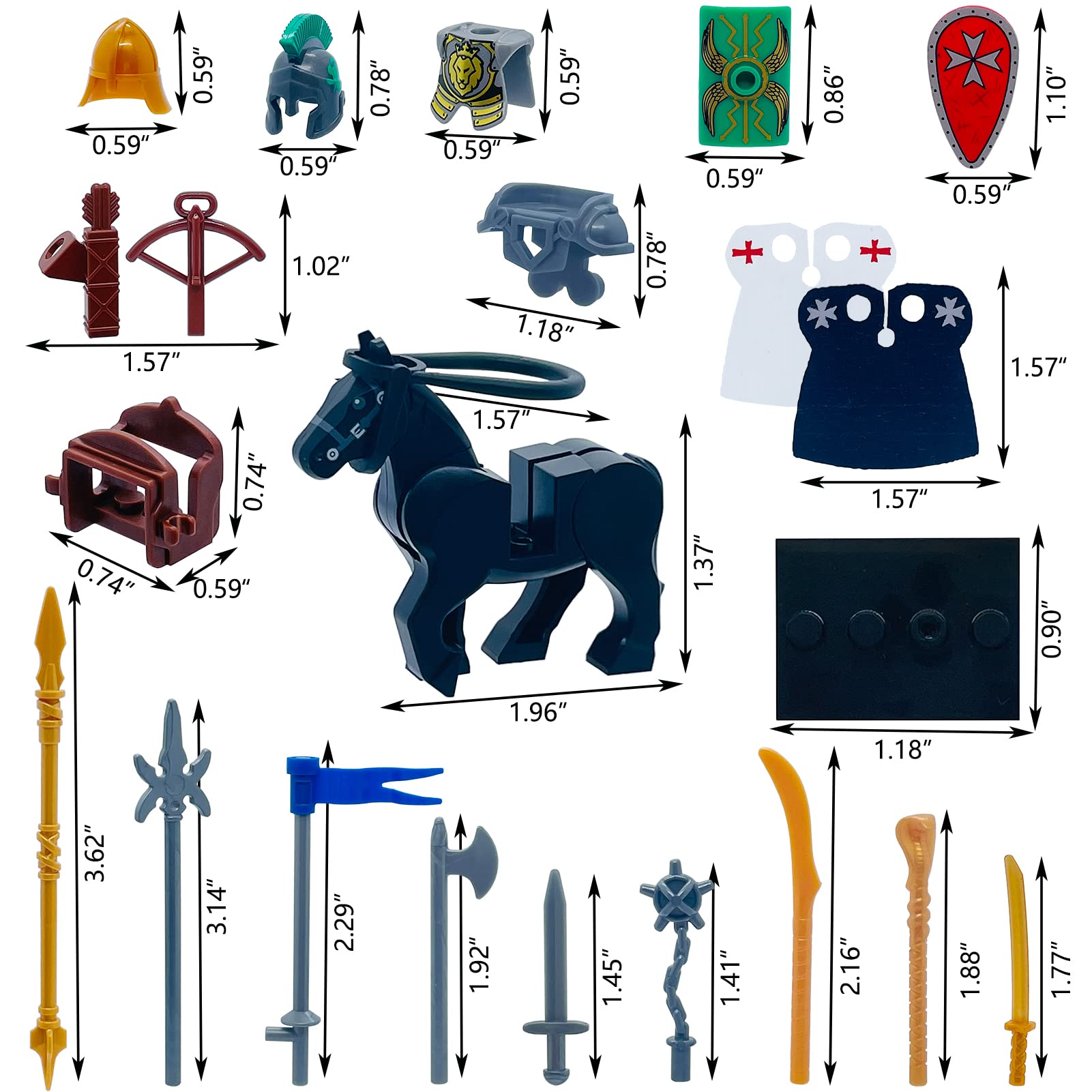 SAIBURAZ Medieval Knight Weapons Pack Accessories Set with 4 War Horse Building Block Toy Armor Helmet Shield Bow Arrow Pike Designed for Mini Figures Gift for Kids Boys Girls Building Kits