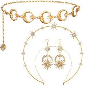 cunno 3 pieces crown earrings for women belt chain set stars crown drop earrings moon star body chain belt (elegant)