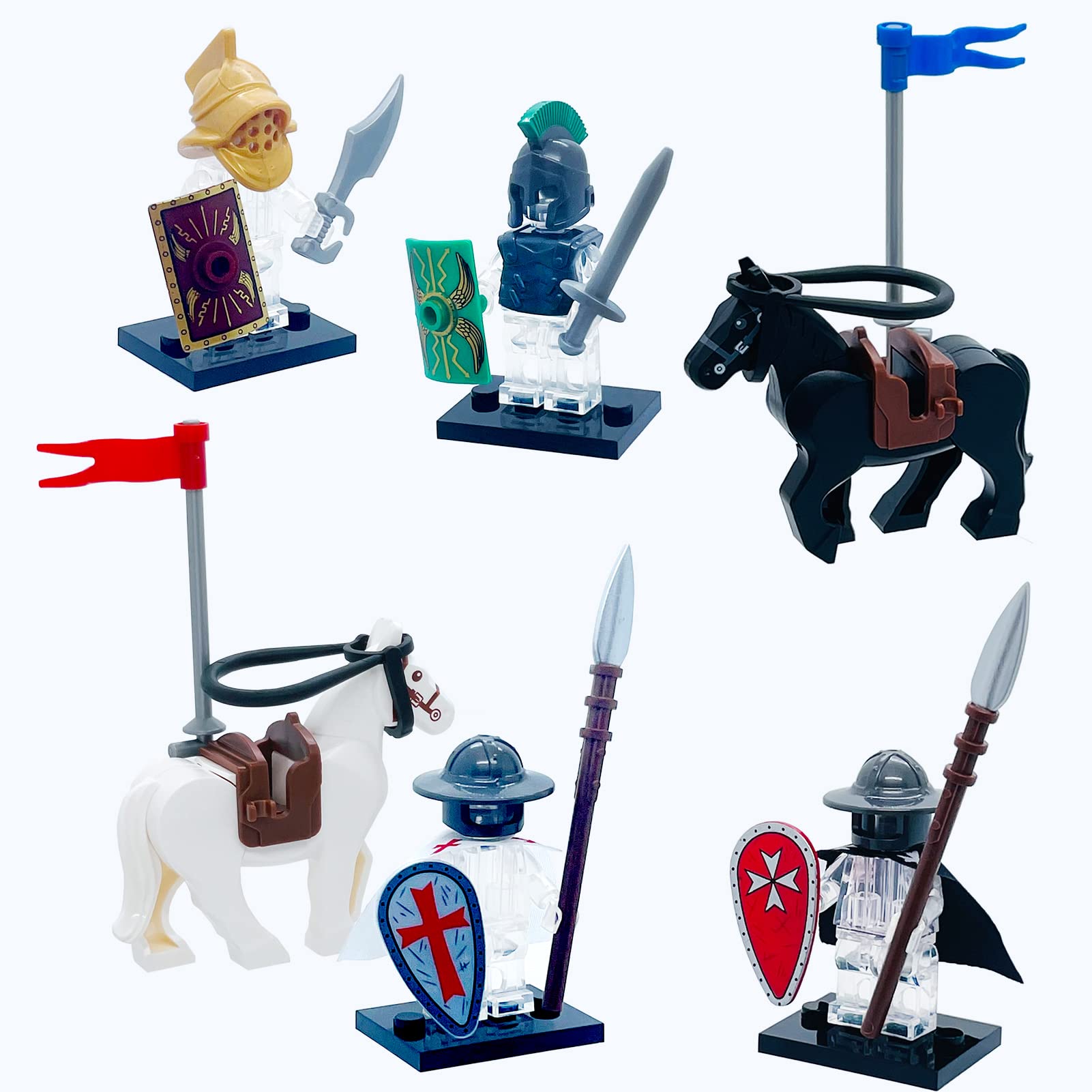 SAIBURAZ Medieval Knight Weapons Pack Accessories Set with 4 War Horse Building Block Toy Armor Helmet Shield Bow Arrow Pike Designed for Mini Figures Gift for Kids Boys Girls Building Kits