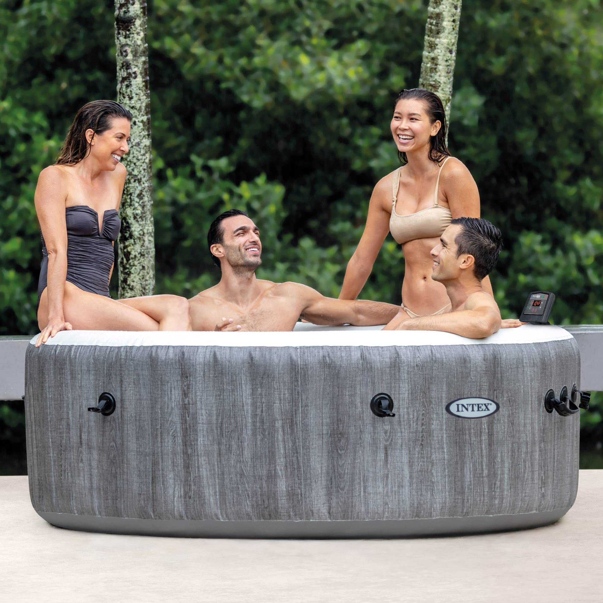 Intex PureSpa Plus Greywood Inflatable Hot Tub Jet Spa with Brush, Skimmer and Scrubber Maintenance Kit and 2 Removable Seat Spa Accessories