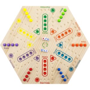 kathfly marble board game wooden wahoo board game double side painted board game with 6 colors 36 marbles 6 dice for adults family night game, 6 and 4 player (hexagonal)