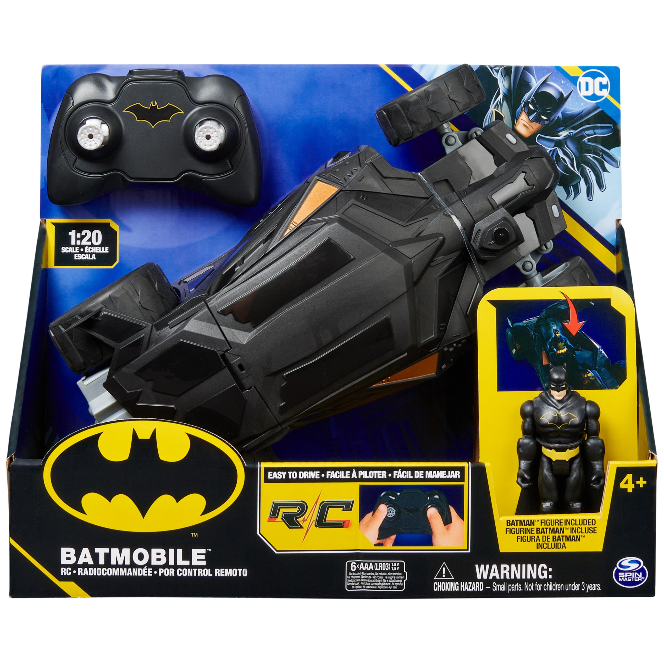 DC Comics, Batman Batmobile Remote Control Car, Easy to Drive, Compatible with Batman Figures, Kids Toys for Boys and Girls Ages 4 and Up