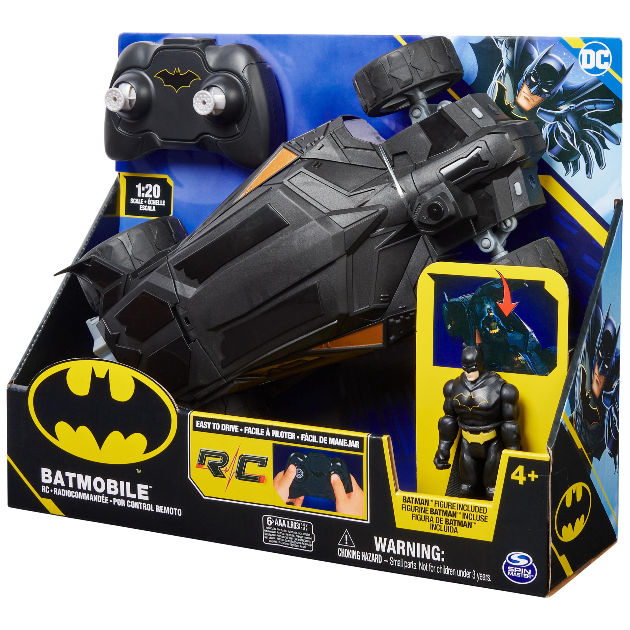 DC Comics, Batman Batmobile Remote Control Car, Easy to Drive, Compatible with Batman Figures, Kids Toys for Boys and Girls Ages 4 and Up