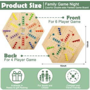 Kathfly Marble Board Game Wooden Wahoo Board Game Double Side Painted Board Game with 6 Colors 36 Marbles 6 Dice for Adults Family Night Game, 6 and 4 Player (Hexagonal)