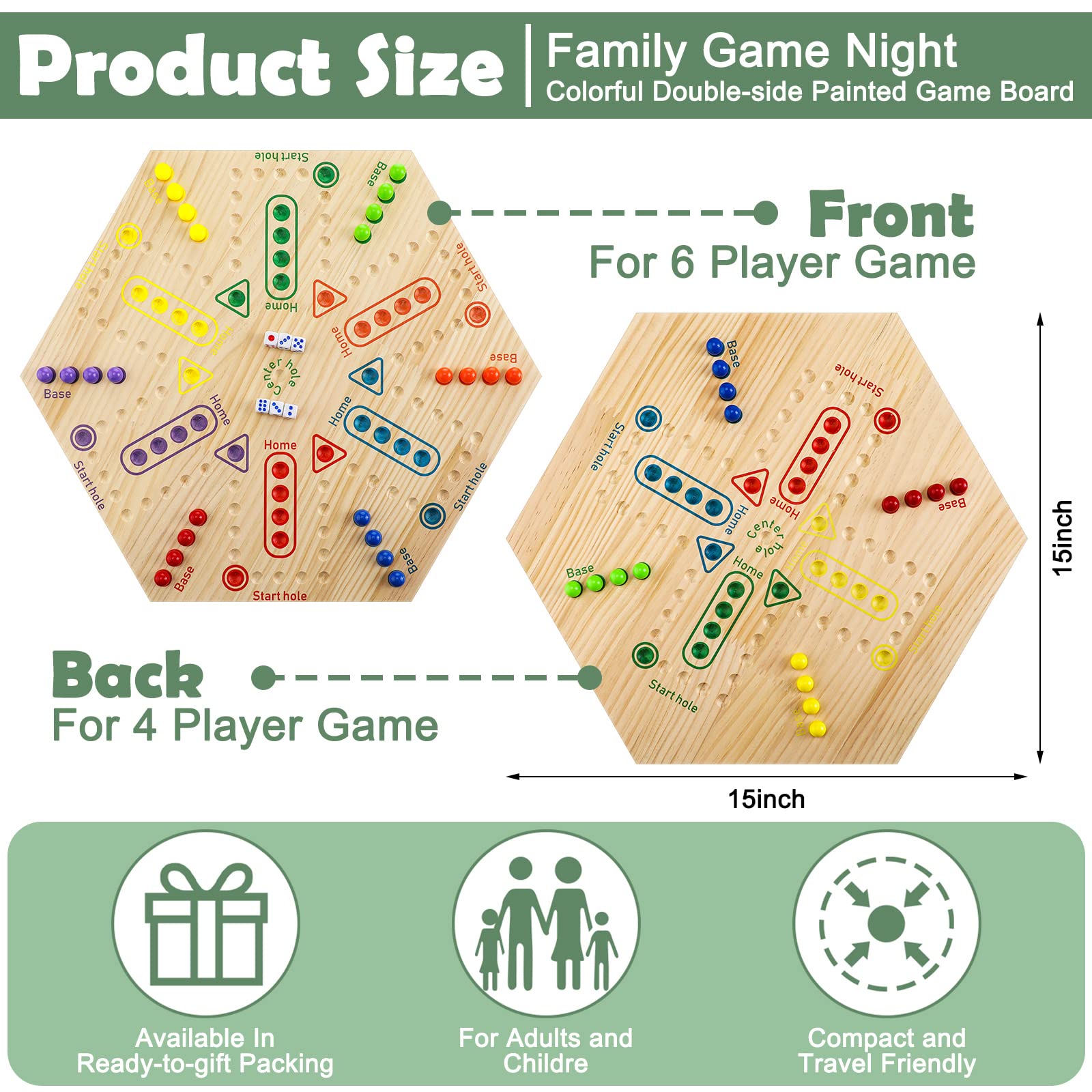 Kathfly Marble Board Game Wooden Wahoo Board Game Double Side Painted Board Game with 6 Colors 36 Marbles 6 Dice for Adults Family Night Game, 6 and 4 Player (Hexagonal)