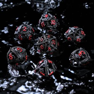 Metal DND Dice Set - Unique Round Hollow Orb Design for Better Rolling - Beautiful Dragon Metal Dice Set for Role Playing Games (RPG) - Stunning D&D Dungeons and Dragons Dice Set (Black Red)