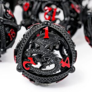 metal dnd dice set - unique round hollow orb design for better rolling - beautiful dragon metal dice set for role playing games (rpg) - stunning d&d dungeons and dragons dice set (black red)