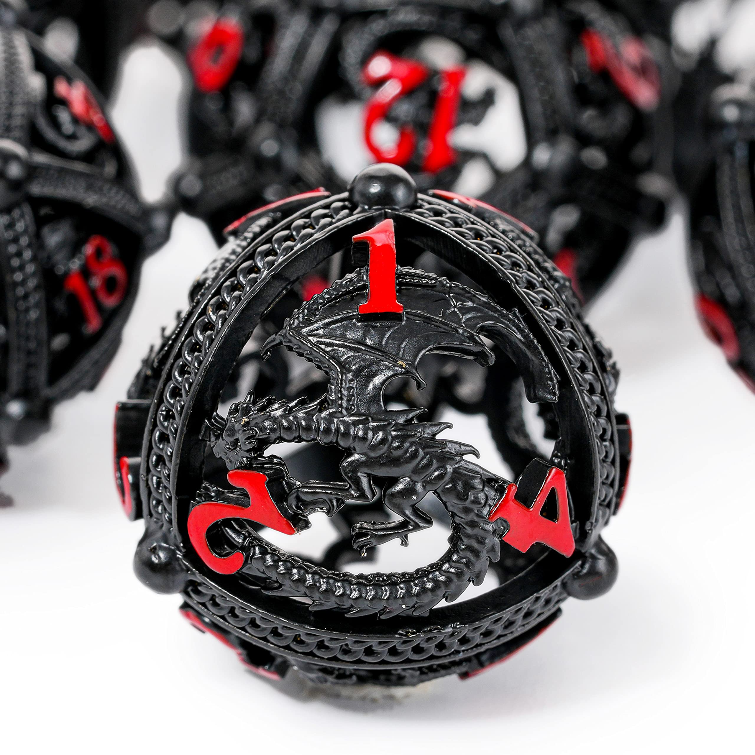 Metal DND Dice Set - Unique Round Hollow Orb Design for Better Rolling - Beautiful Dragon Metal Dice Set for Role Playing Games (RPG) - Stunning D&D Dungeons and Dragons Dice Set (Black Red)