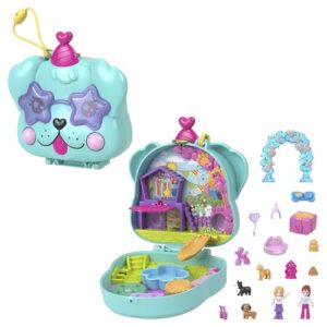 polly pocket compact playset, doggy birthday bash with 2 micro dolls & accessories, travel toy with surprise reveals