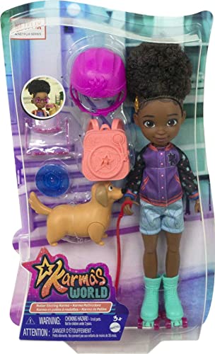 Mattel Karma’s World Roller Skating Mattel Karma Doll with Dog Figure, Set Includes Collectible Record & Accessories