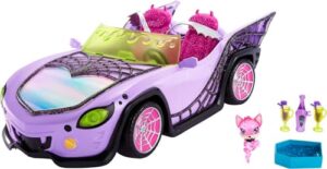 monster high toy car, ghoul mobile with pet & cooler accessories, purple doll-sized convertible with spiderweb details