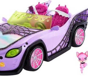 Monster High Toy Car, Ghoul Mobile with Pet & Cooler Accessories, Purple Doll-Sized Convertible with Spiderweb Details