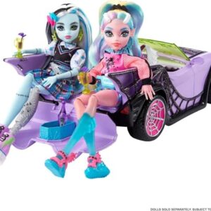 Monster High Toy Car, Ghoul Mobile with Pet & Cooler Accessories, Purple Doll-Sized Convertible with Spiderweb Details