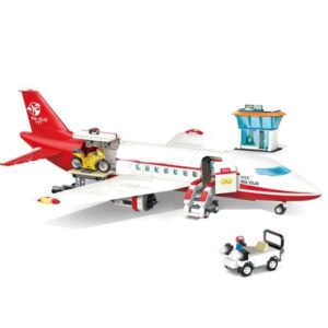 general jim's white and red passenger airplane 720 piece modular building block bricks toy playset with control tower, service vehicle, and motorcycle for teens and adults