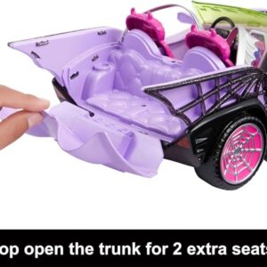 Monster High Toy Car, Ghoul Mobile with Pet & Cooler Accessories, Purple Doll-Sized Convertible with Spiderweb Details